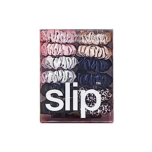 Slip Silk Pure Silk Minnie Scrunchies - Classic - 100% Pure 22 Momme Mulberry Silk Scrunchies for Women - Hair-Friendly Scrunchies Set in Pink, Caramel, Silver, Navy, Leopard & Black (12 Scrunchies)