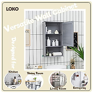 LOKO Bathroom Wall Cabinet, Bathroom Cabinet Wall Mounted with Single Shutter Door and Adjustable Shelf, Small Medicine Cabinet for Living Room, Kitchen or Entryway, 16.5 x 6.5 x 27.5 inches (Grey)