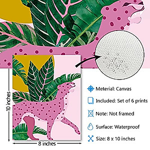 YIMEHDAN Moroccan Leopard Wall Art Print -- Jungle Animal with Tropical Leaves Canvas Print -- Abstract Pink Cheetah and Plant Artwork for Bathroom Home Decor ( Set of 6 ) -- Unframed -- 8X10 inch