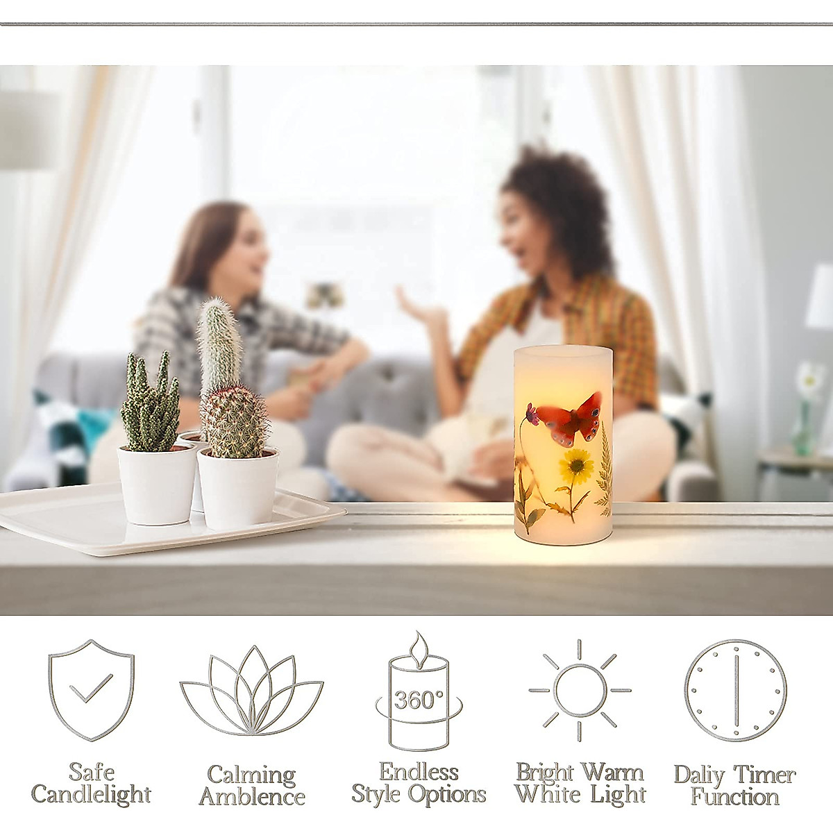 Holitown Flickering Candles, Flameless Candles D4 x H8, Blue Leaf Battery Candles Real Wax Pillar Candle with Timer for Summer Party,Home,Coverd Courtyard(4"x8")