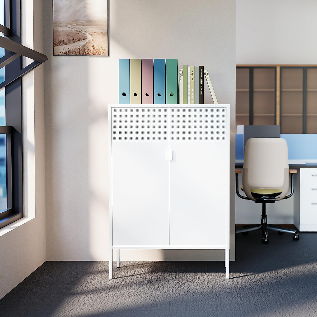 Washsemba Metal Storage Cabinet with Doors and Shelves, White Metal Cabinet, 3-Tier Office Cabinet,Metal Locker Storage Cabinet for Office, Home, Living Room(White)