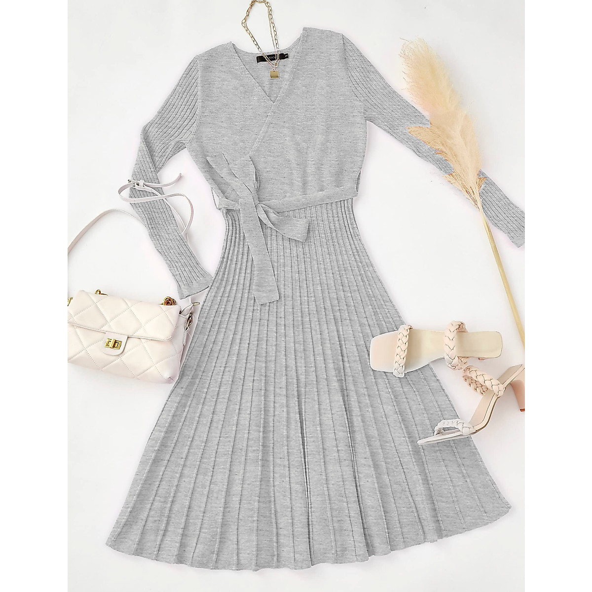 ZESICA Women's Fall Long Sleeve Wrap V Neck Ribbed Knit Pleated A Line Pullover Sweater Dress with Belt,Grey,Small