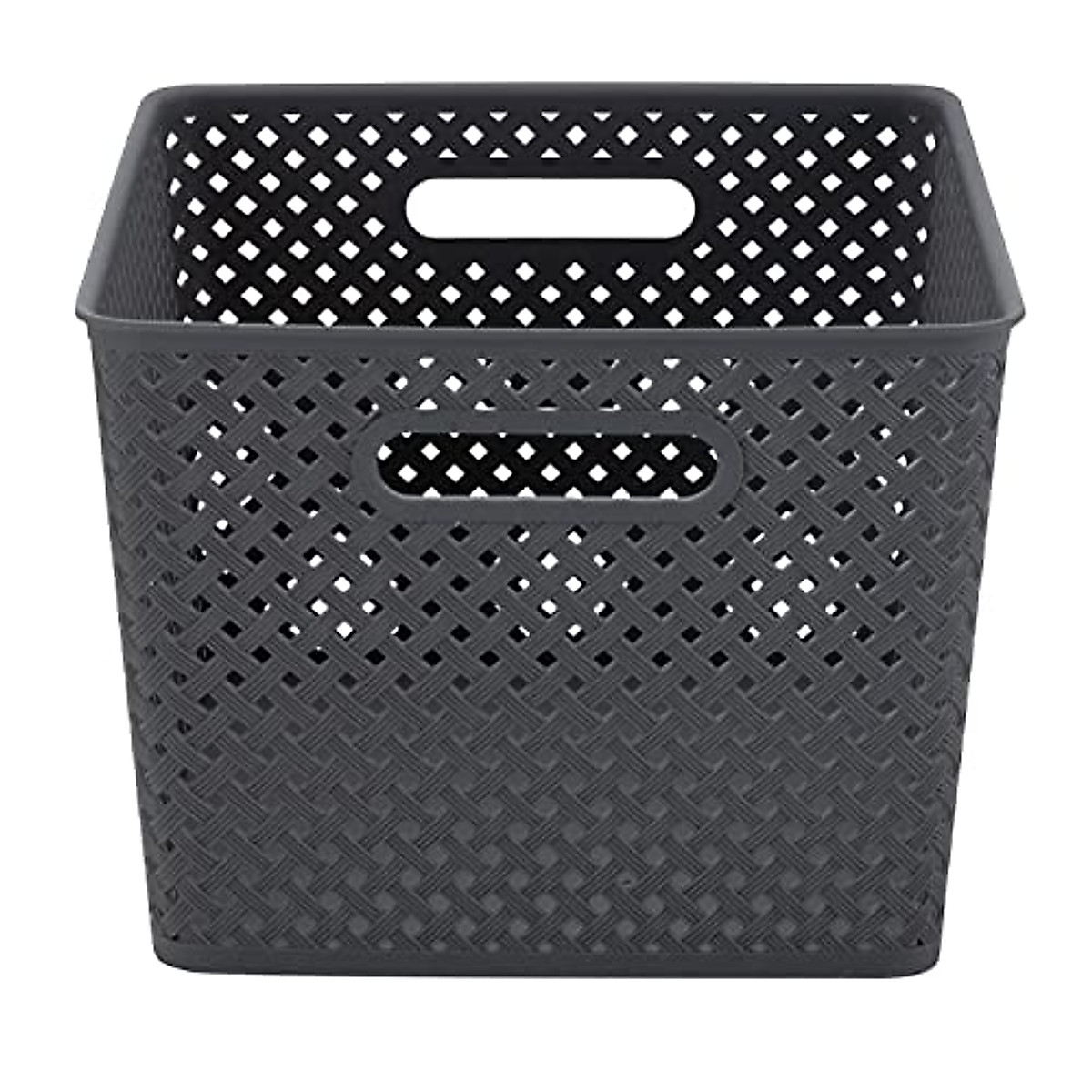 Simplify Large Resin Wicker Tote | Storage Bin | Plastic Organizer | Carrying Handles | Bathroom | Pantry | Accessories | Toys | Grey