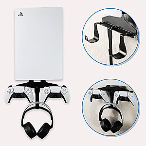 PS5 Wall Mount, Wall Bracket for Playstation 5 (Disc and Digital Edition) with Detachable Controller Holder & Headphone Hanger, Stealth Mount for PS5, Black