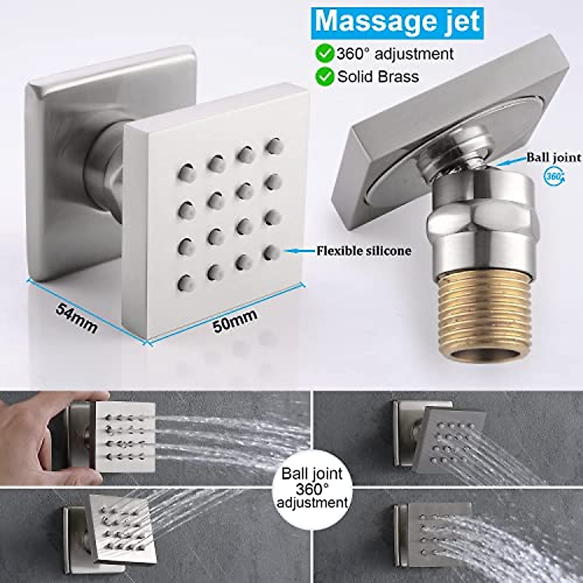Enga Brushed Nickel Shower System with Body Spray Jets, Wall Mount 12 Inch LED Rain Shower Head Push Button Diverter Shower Fixtures, All Functions Can Run At Once