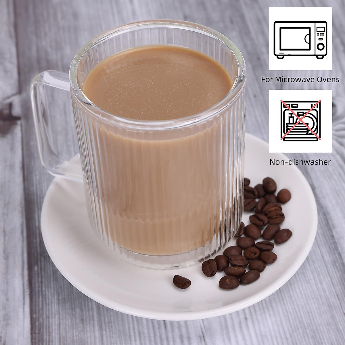 Schliersee Double Walled Glass Coffee Mug, 13.5 OZ Clear Ribbed Glassware Embossed Glass Cups with Handle for Cappuccino, Latte, Cereal, Yogurt, Beer, Milk, Hot or Cold Beverages Cup