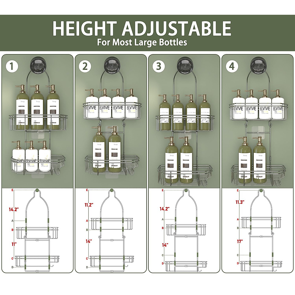 WXCGX Hanging Shower Caddy Over Shower Head Organizer: Height Adjustable Large Bathroom Storage Shelf with Soap Holder - Stainless Rustproof Shower Rack Basket with Hooks for Sponge Razor - Silver