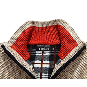 Yeokou Men's Slim Fit Zip Up Casual Knitted Cardigan Sweaters with Pockets (Large, Khaki)