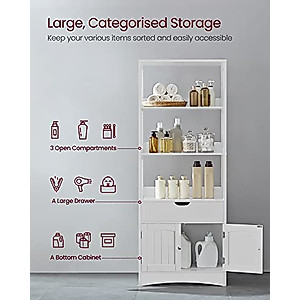 VASAGLE Bathroom Storage Cabinet, Freestanding Linen Tower, Tall Bookcase with 3 Open Shelves, 1 Large Drawer, 12.8 x 23.6 x 60.6 Inches, for Entryway, Kitchen, Study, White UBBC67WT