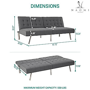Naomi Home Tufted Split Back Futon Convertible Sofa Bed, Futon Couches for Living Room, Linen Futon Couch Bed with Chrome Legs, Folding, Reclining Small Convertible Sofa Bed, Gray