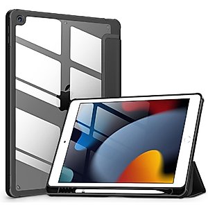 DTTOCASE Case for iPad 9th / 8th / 7th Generation 10.2 inch (2021/2020/2019 Released), Clear Back, TPU Shockproof Frame Cover[Built-in Pencil Holder,Support Auto Sleep/Wake] for ipad 10.2 - Black