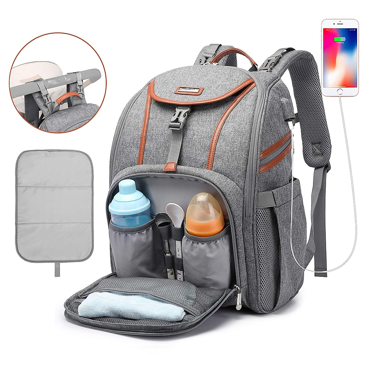 Diaper Bag Backpack, Billiton Diaper Bags for Baby Boy Girl,Baby Bags for Boys Girls,Large Diaper Bag with Changing Station Pad, Multi-Function Waterproof Baby Diaper bag backpack, Grey