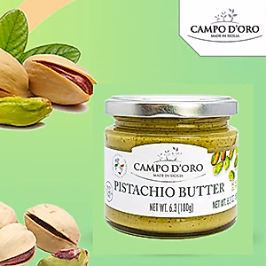 Pistachio Nut Butter, 6.35 oz (180g), Sweet Sicilian Pistachio Cream Spread, Spreadable, Pistachios from Sicily, Italy, No Palm Oil, Campo D'Oro