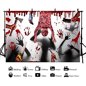 MEHOFOND 7x5ft Halloween Bloody Backdrop Halloween Horrible Party Photography Background Bloody Hand Bloody Body Axes Hammers Saws Knives for Halloween Scary Party Decorations Photo Booth Props