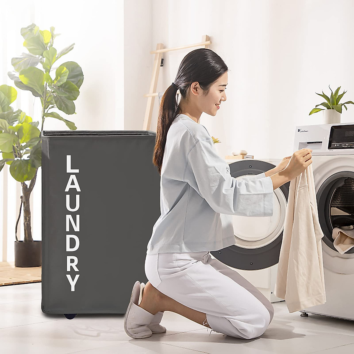 92L Extra Large Laundry Hamper with Leather Handle,Standable Laundry Basket with Wheels Laundry Hamper on Wheels,Large Hamper,Rolling Laundry Basket Grey