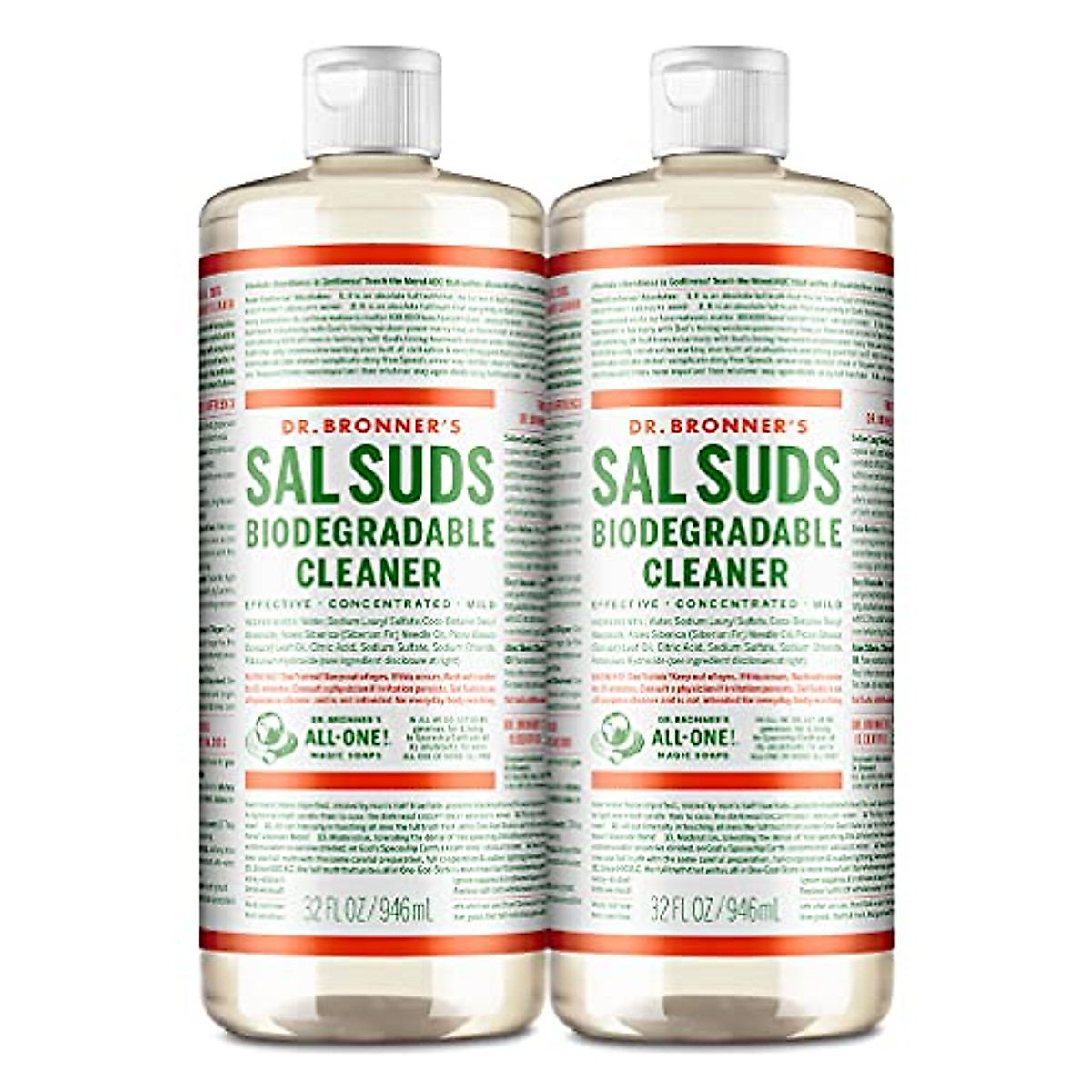 Dr. Bronner's - Sal Suds Biodegradable Cleaner (32 Ounce, 2-Pack) - All-Purpose Cleaner, Pine Cleaner for Floors, Laundry and Dishes, Concentrated, Cuts Grease and Dirt, Powerful Cleaner, Gentle