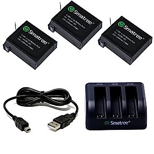 Smatree Battery (3 Pack) and 3-Channel Charger Compatible for Gopro Hero 4 (NOT for Hero 5)