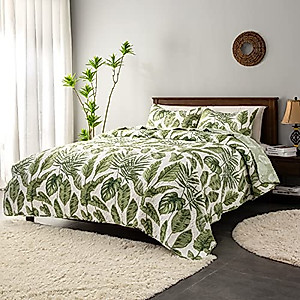 HORIMOTE HOME Tropical Plants Quilt Set King Size 3 Pieces, Green Palm Leaves Rainforest Style Fine Printed Reversible Bedspreads Bedding Sets, Soft and Lightweight Bed Coverlet for All Season