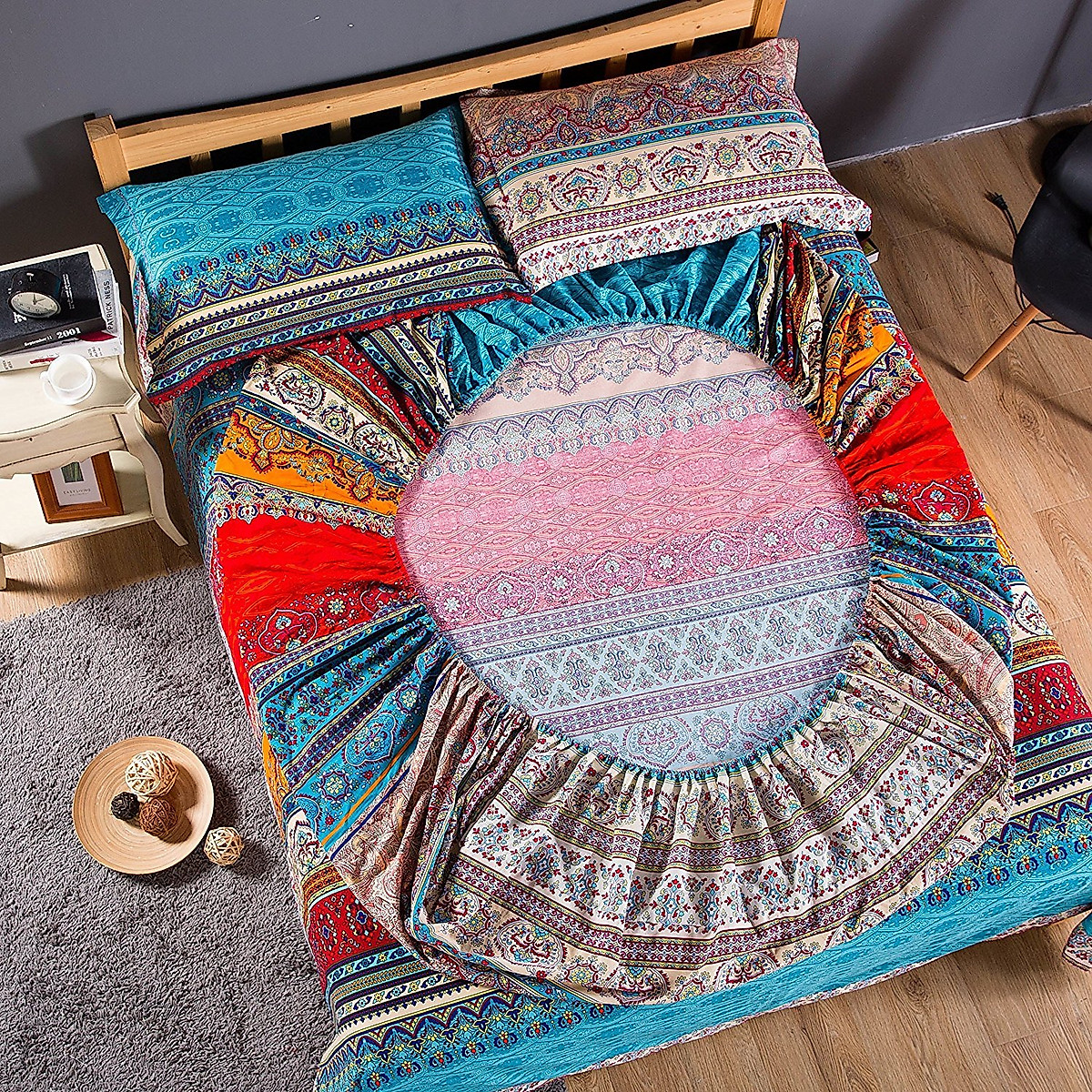 HNNSI Brushed Cotton Bohemian Duvet Cover and Fitted Sheet Sets Queen Size 4 Pieces, Bohemia Exotic Striped Bedding Sets, Boho Comforter Cover Sets,NO Comforter (Fitted Sheet Sets, Queen)