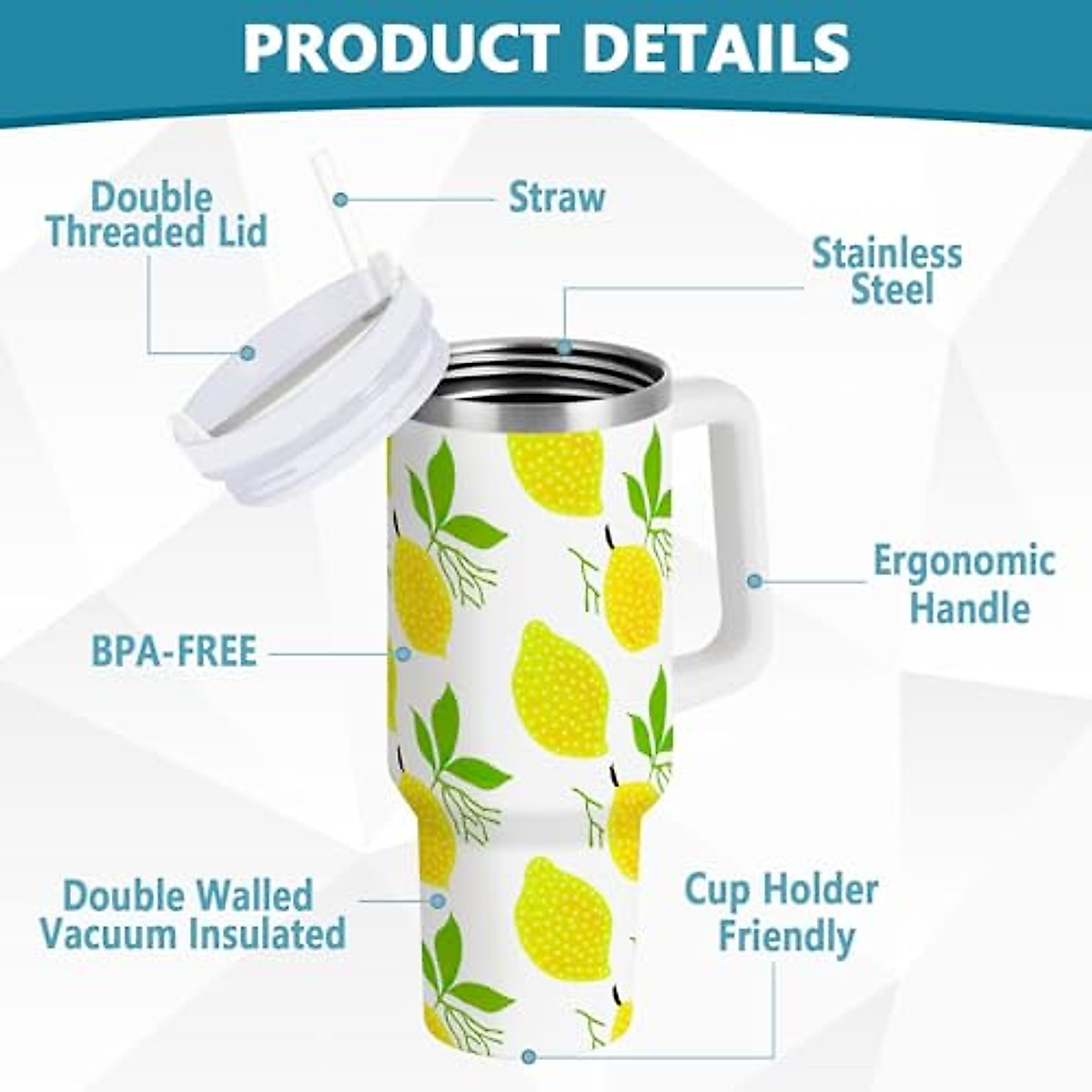 ODAWA 40oz Lemons White Insulated Cup with Handle and Straw, 2 in 1 Lid Stainless Steel Vacuum Insulated Tumbler