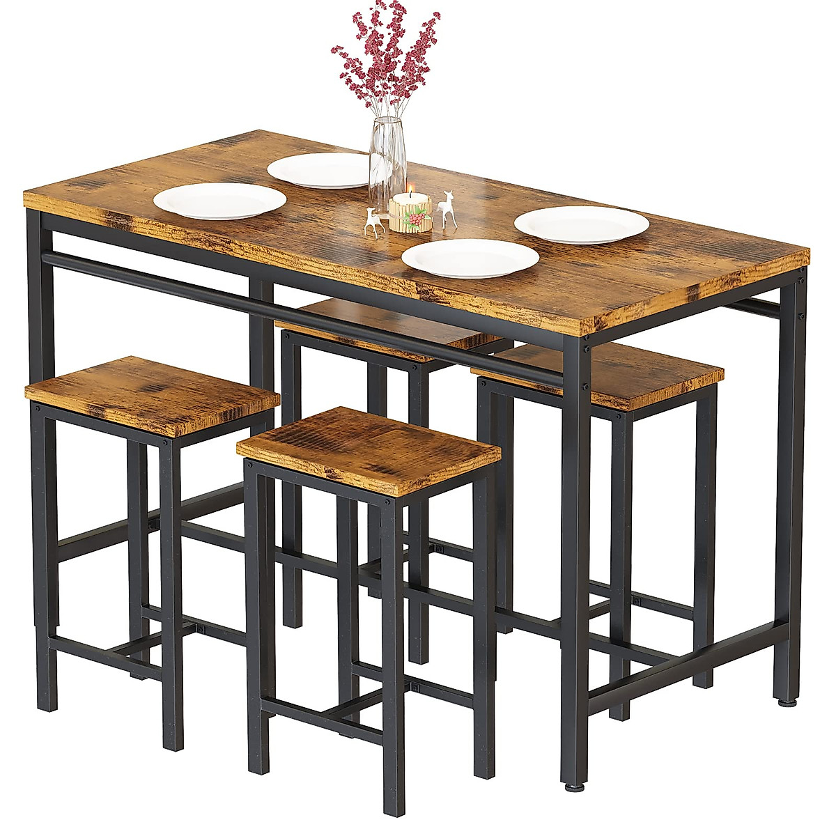 AWQM 5 Piece Bar Table Set, Modern Counter Height Dining Table and Chairs Set for 4, Wood Kitchen Table and 4 Bar Stools for Small Spaces, Apartment, Pub, Dining Room (Rustic Brown)