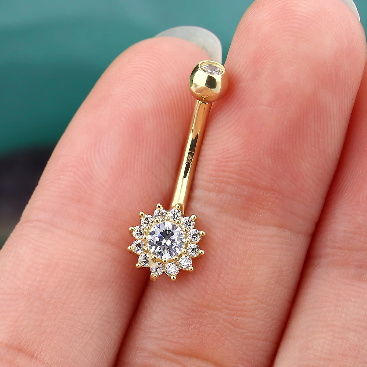 COCHARM Women 14k Solid Gold Belly Button Rings for Women Flower Real Gold Bride Belly Piercing Jewelry Gold 14K Navel Rings 14g Yellow Gold Navel Piercing Dainty 14k Gold Belly Jewelry