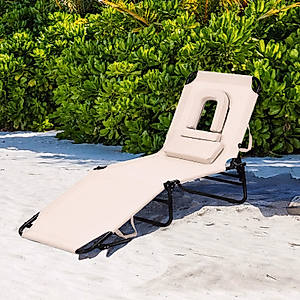 Tangkula Folding Chaise Lounge Chair with Hole for Face, Outdoor 5-Position Adjustable Reclining Beach Sunbathing Chair, Portable Face Down Tanning Chair for Patio Backyard Poolside Beach (2, Beige)