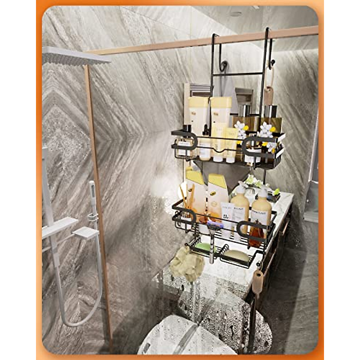 SWTYMIKI Over The Door Shower Caddy With Double Soap Holder, Stainless Steel Hanging Shower Organizer With 16 Hooks No Drilling Hanging Shower Caddy Over Door To Organize Bathroom Essentials, Black