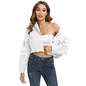 Gacaky Womens Casual Solid Color Ripped Distressed Cropped Denim Jean Jacket Coat With Frayed Hem White S