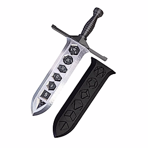 Slice and Dice Dice Sword Holder with 7 Polyhedral Role Playing Dice | DND RPG D&D Dungeons and Dragons, Black Embossed