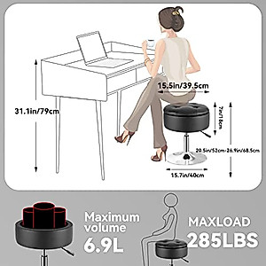 RunLexi Vanity Stool with Storage, Makeup Room Seat Chair, Adjustable Height 20.5" to 26.9", PU Leather Round Vanity Chair with Removable Tray, Bathroom, Bedroom, Office, 360° Swivel Stool, Black