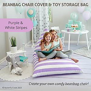 Butterfly Craze Bean Bag Chair Cover, Functional Toddler Toy Organizer, Fill with Stuffed Animals to Create a Jumbo, Comfy Floor Lounger for Boys or Girls, Stuffing Not Included, Purple Stripes