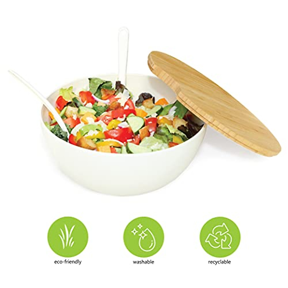 Clean Dezign 11.5" Large Salad and Serving Bowl with Bamboo Wood Lid and Servers Set - Bamboo Fiber Mixing Bowl and Utensils with Wooden Cutting Board Top (Large, Natural White)