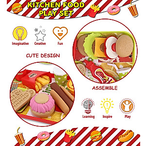 Mozlly Kitchen Food Playset - Cute Fast Food Playset with Trays, Plates, Fork, Soda Cup - Deluxe Fast Food Toy Set for Kids for Pretend Play Snack Parties, and Birthday Surprise Gift Play Food Set