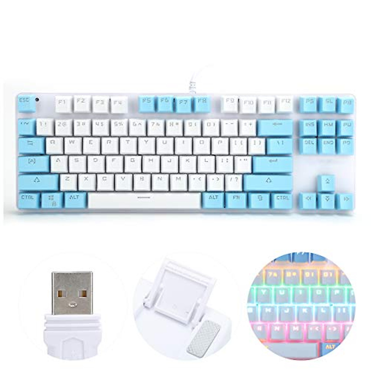 Zyyini Bindpo Mechanical Keyboard, 87-Keys Computer Gaming Keyboard with Color Mixed Backlight, USB Wired Keyboard for Desktop ComputerLaptopOffice, Plug and Play (White Blue)