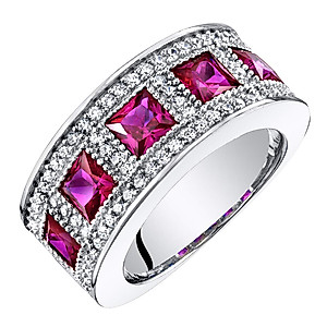 PEORA Sterling Silver Princess Cut Created Ruby Anniversary Ring Band Wide Width 2 Carats Size 6