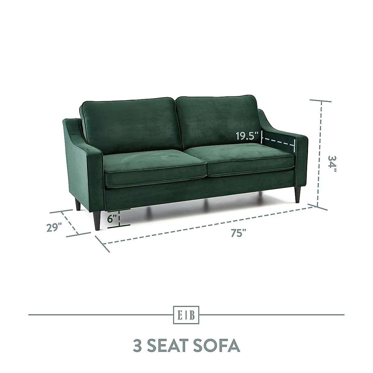 Edenbrook Jensen Upholstered Couch - Couches for Living Room – Green Velvet Couch - Living Room Furniture - Small Couch - Seats Three - Scoop Arm Modern Couch