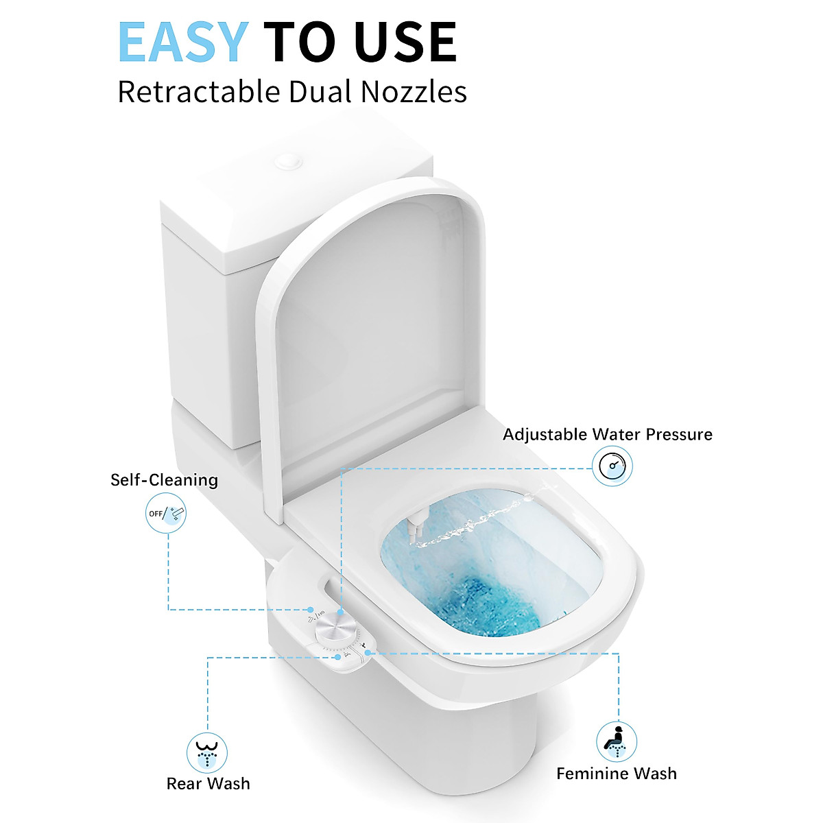 Livilord Bidet Attachment for Toilet, Non-Electric Retractable Self-Cleaning Nozzle for Existing Toilets, Bidet Toilet Seat Attachment with Pressure Controls for Frontal & Rear Wash