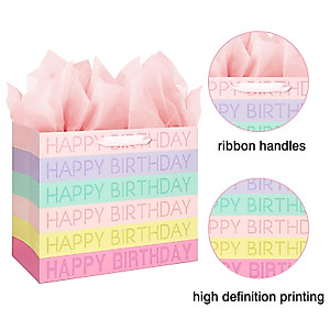 13" Large Happy Birthday Gift Bag with Tissue Paper, Card and Handles for Girls Women Kids Birthday Party (Colorful Stripes)