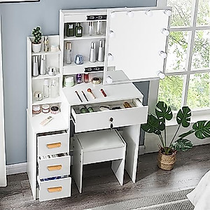 Hikooo Vanity Table, Makeup Vanity with Lighted Mirror,Vanity Mirror with 10 Lights and Table Set,Vanity Desk Dressing Table with Drawers for Girls Women,White