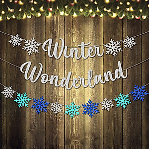 3Pcs Winter Wonderland Banners, Glittery Snowflake Banner Christmas Decorations Banners Winter Holiday Garland Photo Props Banner for Party Home Decorations