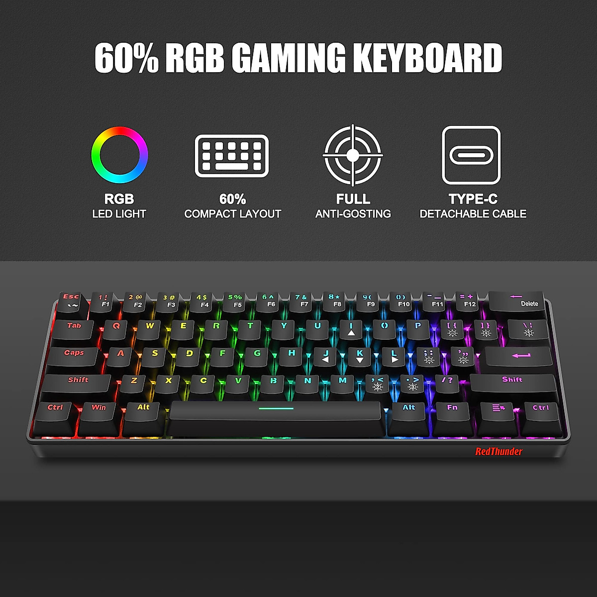 RedThunder 60% Wired Mechanical Gaming Keyboard, 61 Keys Ultra-Compact Keyboard, PBT Keycaps, RGB Backlight for PC (Brown Switch, Black)
