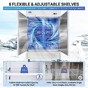 kalifon 54" Commercial Freezer with 2 Solid Door, 49 Cu.ft Reach-in Stainless Steel Freezer, Fan Cooling Freezer for Restaurant, Bar, Home, Shop, and Business(Equip 8 Shelves)