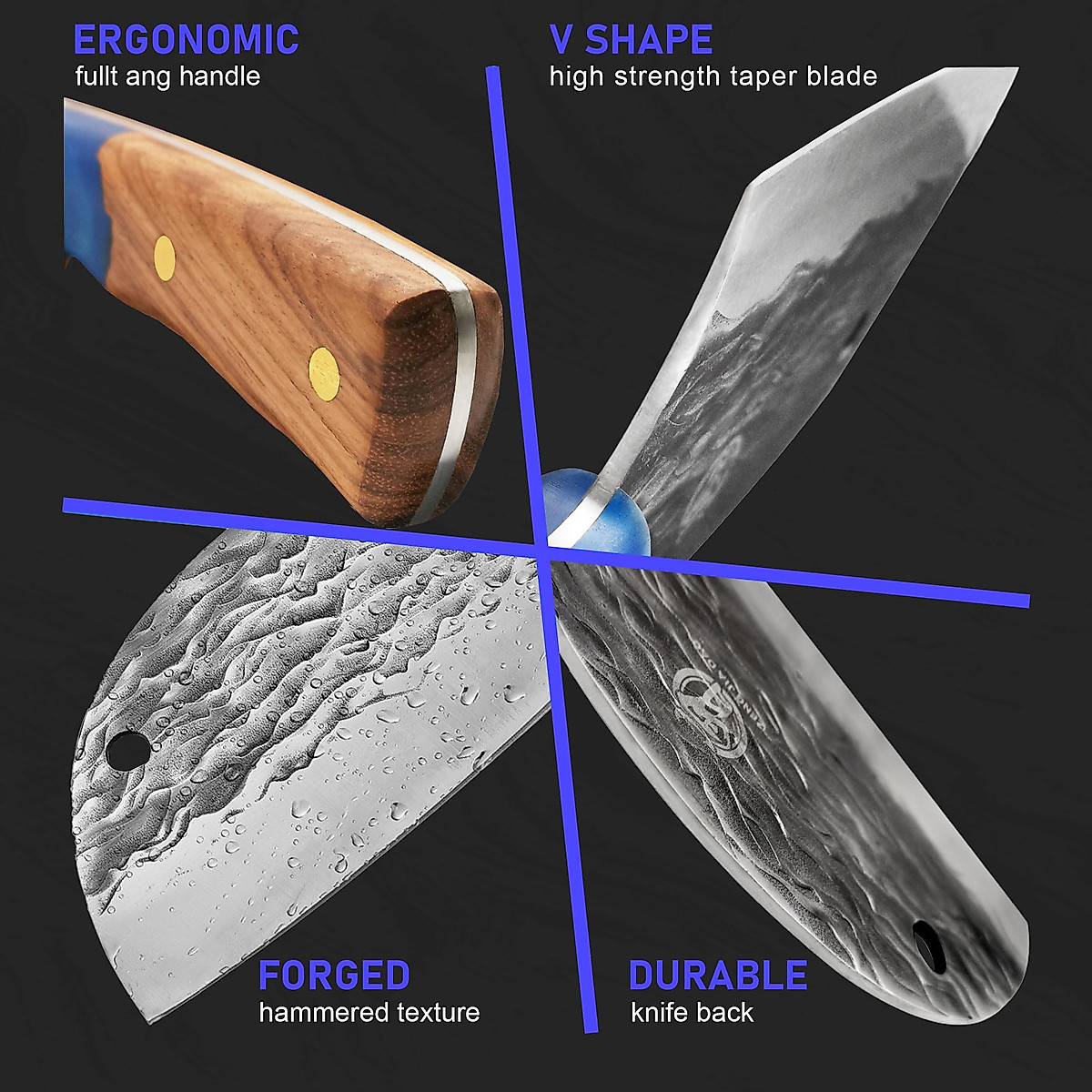 ZENG JIA DAO Forged Serbian Chefs Knife, 7'' Cleaver Knife HC Steel Butcher Knife Ergonomic Pakka Wood Blue Resin Handle for Kitchen/Restaurant/Slaughter House 2024 Gift