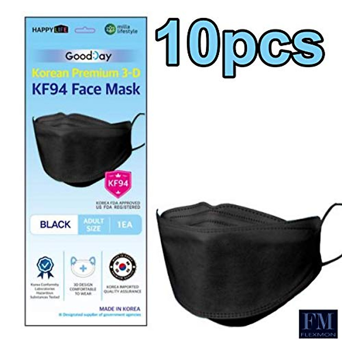 (Pack of 20) (10PCS BLACK,10PCS WHITE Combo set) [Good day] Premium 3D Disposable BLACK AND WHITE KF94 Face Mask, Protective Covering Dust Mask, Individual Packs, Made in Korea.