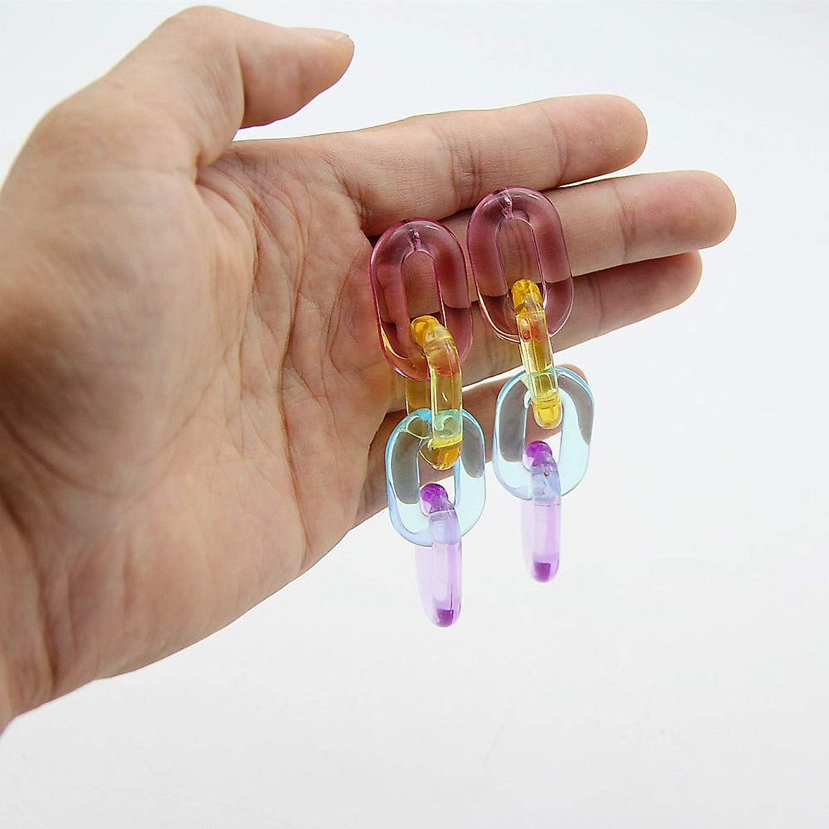 Funky Rainbow Clear Pastel Acrylic Extra Long Link Chain Dangle Earrings Statement Resin Geometric Paperclip Chain Drop Earrings Coloful Lightweight Jewelry for Women Gifts-A colorful