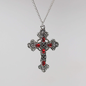 Gothic Filigree Cross with Red Stones Medieval Renaissance Pewter Pendant Necklace