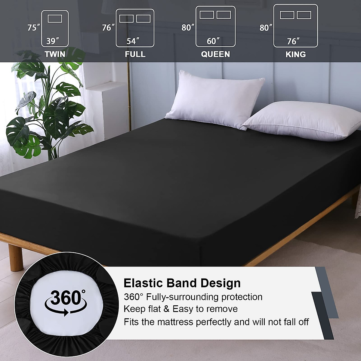 Waterproof Mattress Protector Queen, Fitted Sheet Style Breathable Mattress Cover with Deep Pocket Fits Up to 18'', Machine Washable Noiseless Bed Cover for Kids Adults Pets (Black, 60'' X 80'')