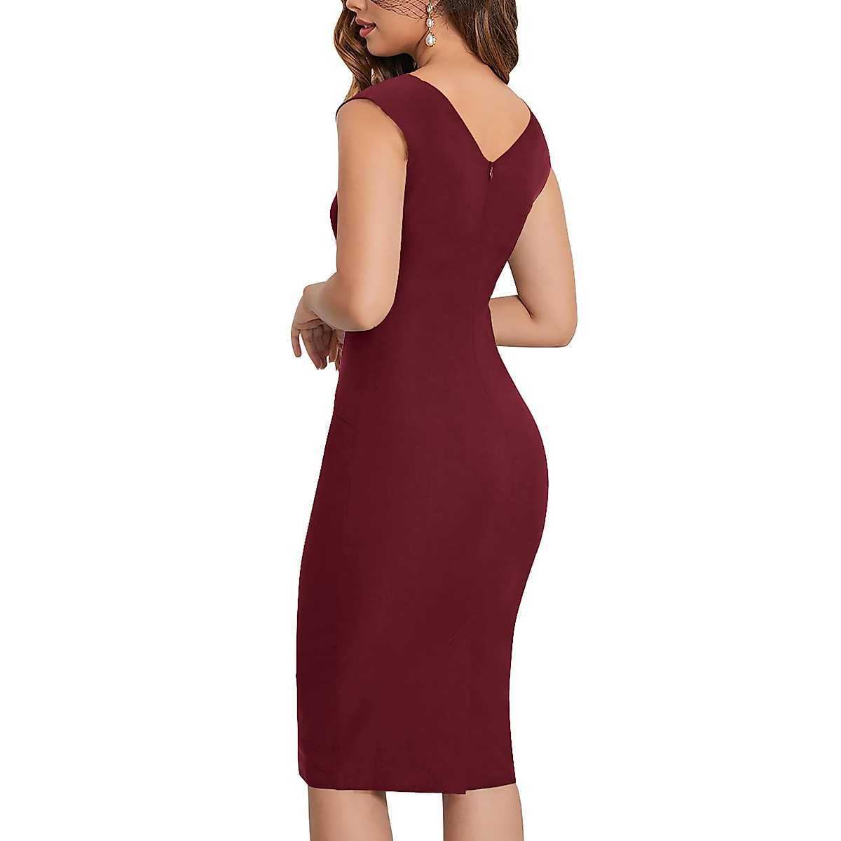 MUXXN Women's Lady Sleeveless V Neck Rucehd Pencil Bodycon Midi Solid Color Party Dress Merlot M