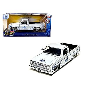 Jada Toys 1985 Chevy C10 Pickup Truck Lowrider White Metallic with Blue Graphics Street Low Series 1/24 Diecast Model Car by Jada 34313